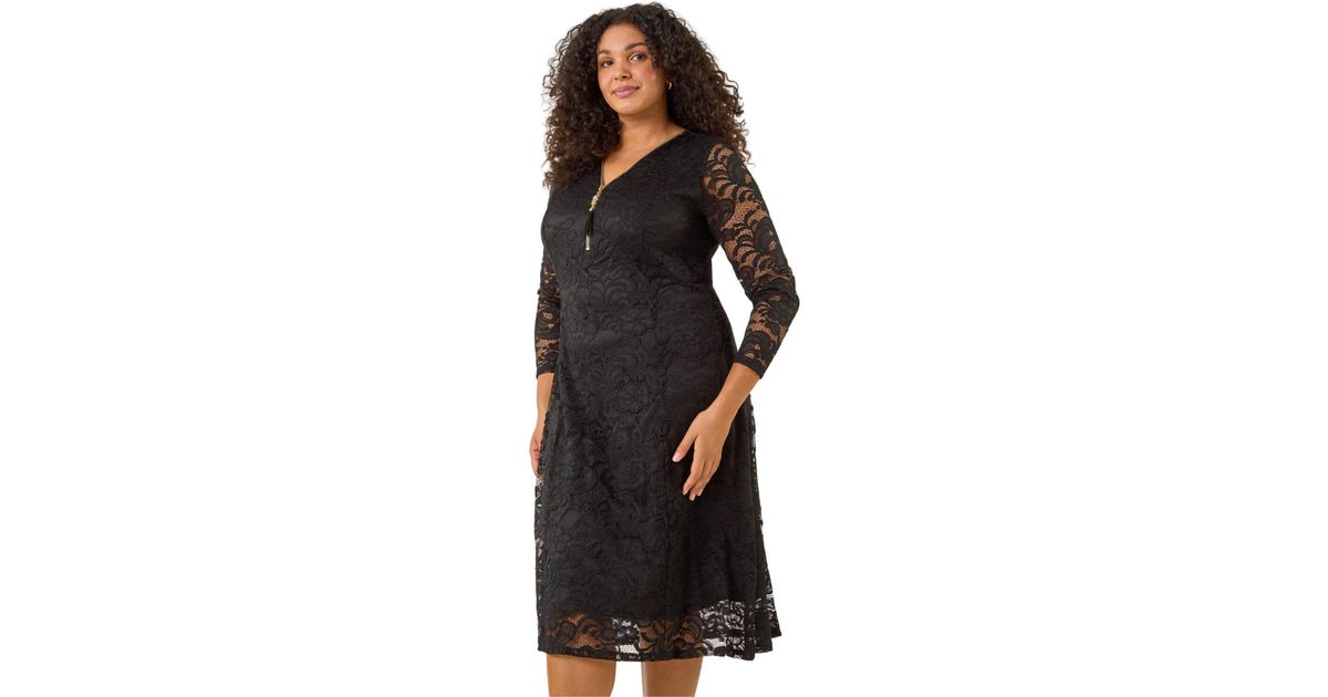 Roman Curve Zip Front Lace Dress in Black | Lyst UK