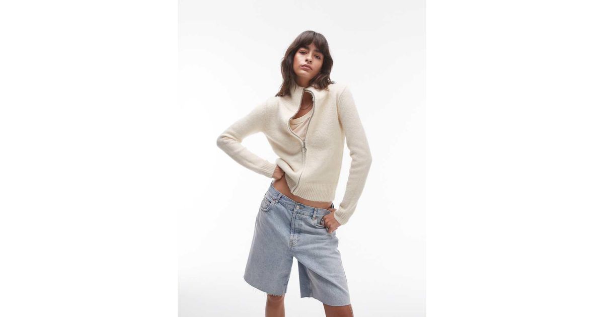 TOPSHOP Knitted Fluffy Zip Through Cardigan in White | Lyst UK