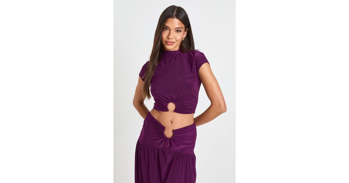 Boohoo Double Layer Slinky Cropped Top With Ring Triim in Purple | Lyst UK