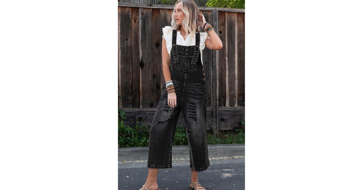 Everyday the Label Distressed Wide Strap Denim Overalls in Black | Lyst UK