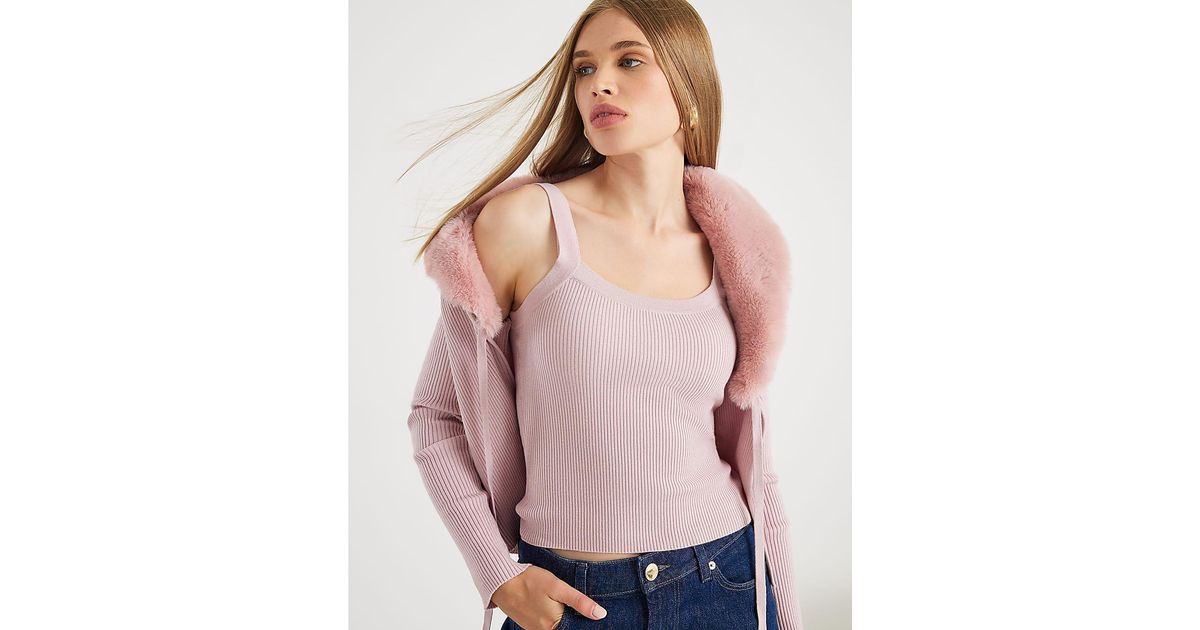 River Island Cardigan & Cami Set 2 Piece Faux Fur Trim Viscose in ...