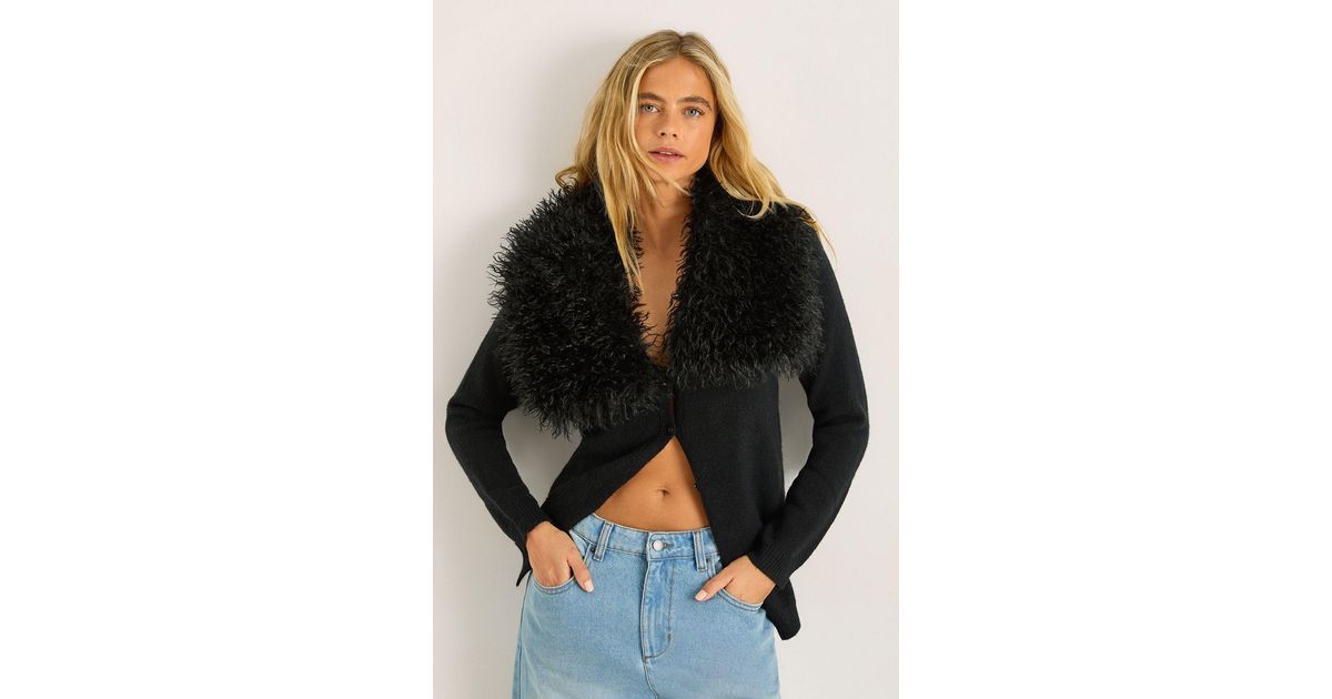 Nasty Gal Fluffy Collar Knitted Cardigan in Black | Lyst UK