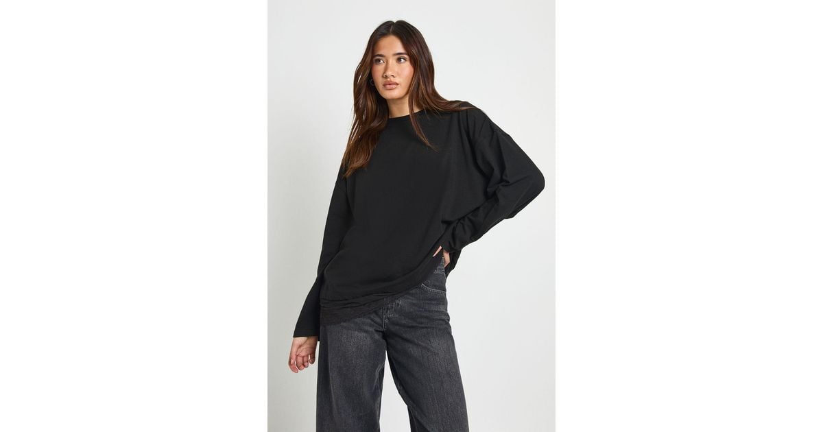 Boohoo Long Sleeve T-Shirt With Lace Hem Trim in Black | Lyst UK