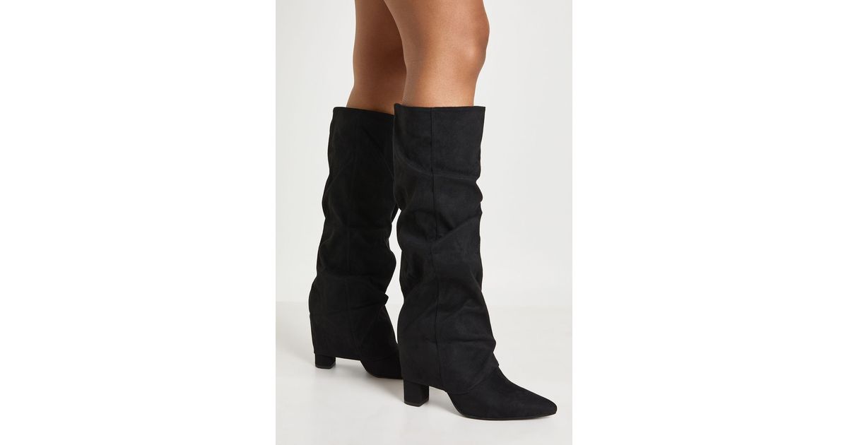 Boohoo Faux Suede Slouchy Knee High Fold Over Boots in Black | Lyst UK