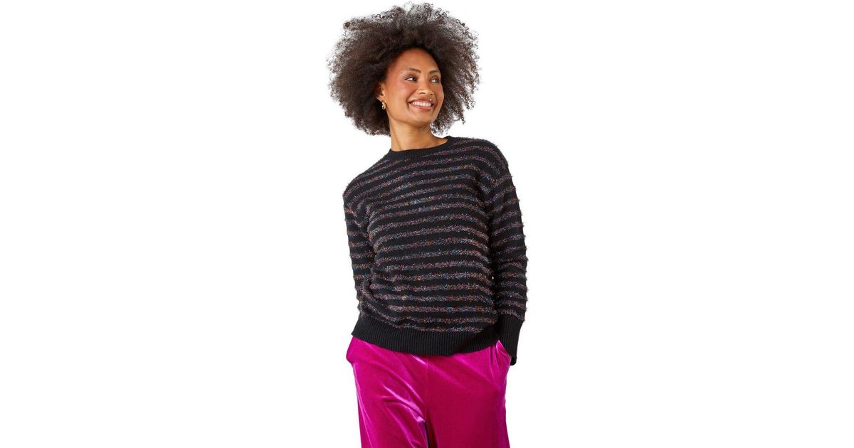 D.u.s.k Metallic Stripe Fluffy Knit Jumper in Grey | Lyst UK