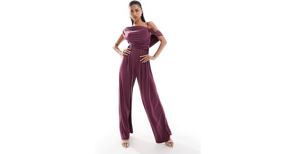 ASOS Fallen Shoulder Wide Leg Jumpsuit in Purple | Lyst UK