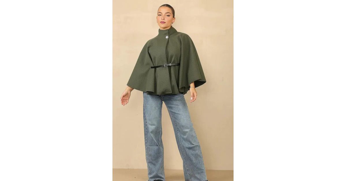 Femme Luxe Belted High Neck Cape Coat in Green | Lyst UK