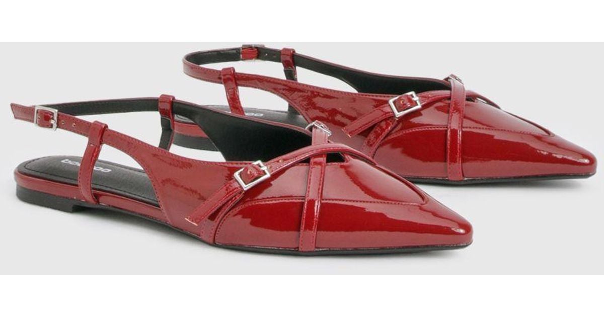 Boohoo Cross Over Strap Detail Pointed Flats in Red | Lyst UK