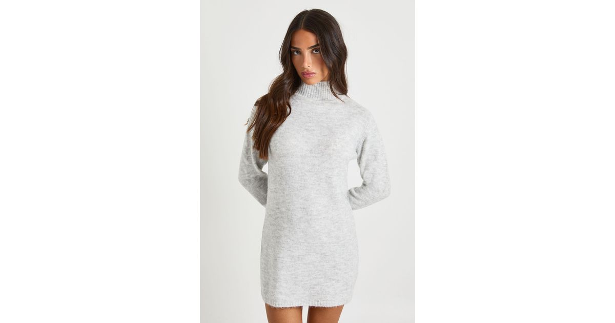 Boohoo Petite High Neck Super Soft Knitted Mini Dress in White | Lyst UK