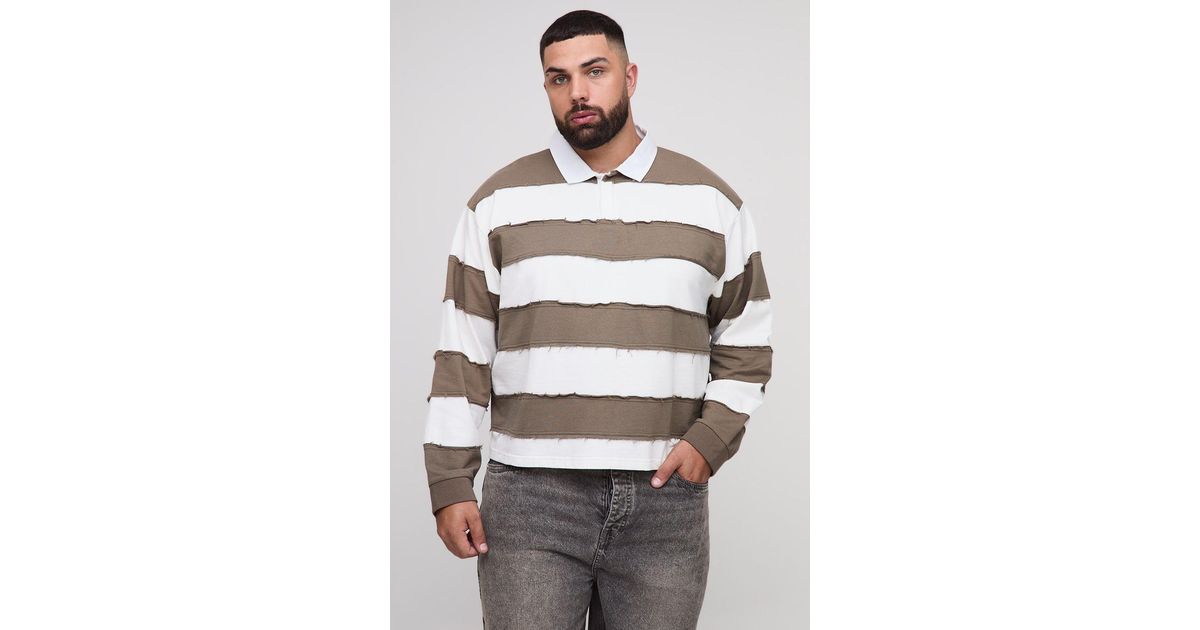 BoohooMAN Plus Oversized Boxy Distressed Long Sleeve Rugby Polo in Grey ...