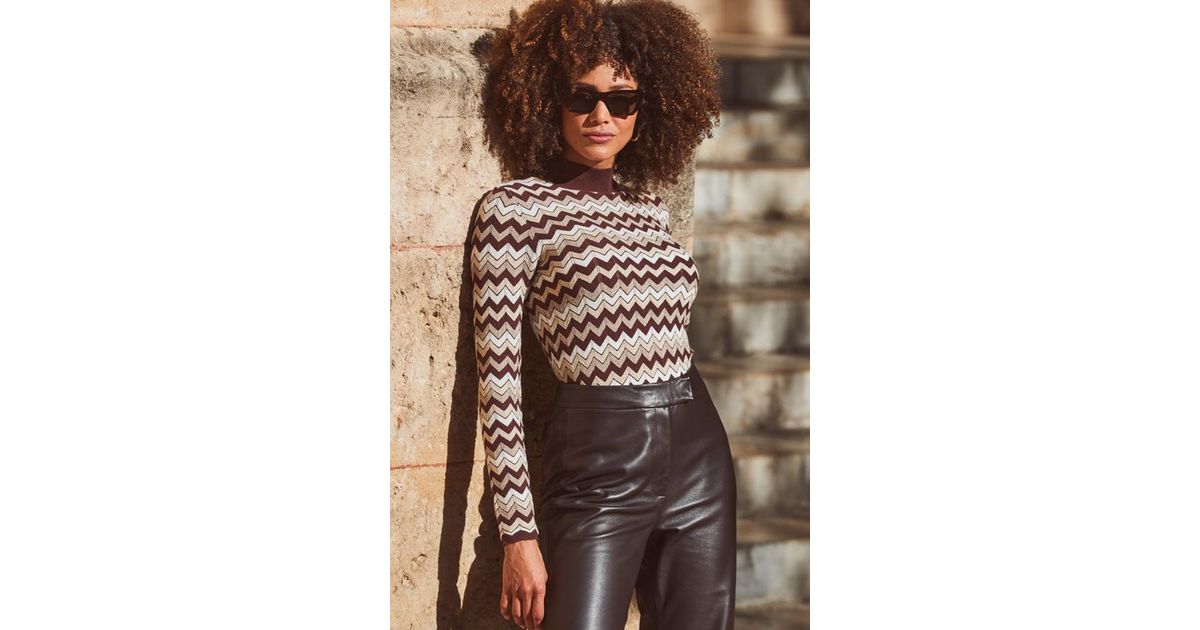 Sosandar Chocolate Metallic Chevron High Neck Jumper in Brown | Lyst UK