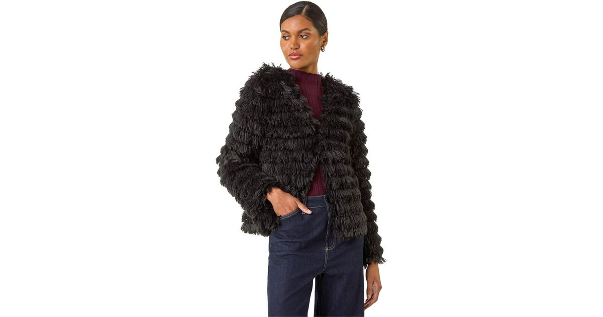 Roman Faux Fur Fluffy Layered Jacket in Black | Lyst UK