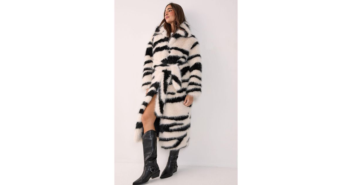 Nasty Gal Zebra Print Faux Fur Collared Longline Coat | Lyst UK