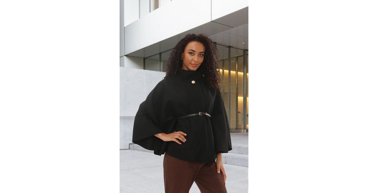 Femme Luxe Belted High Neck Cape Coat in Black | Lyst UK