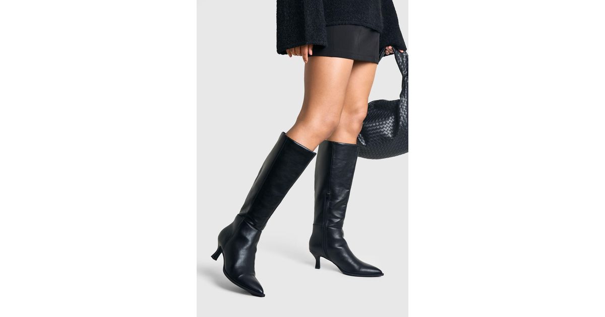 Boohoo Pointed Toe Low Heel Slim Knee High Boots in Black | Lyst UK