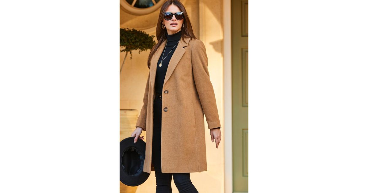 Sosandar Camel Wool Mix Coat With Button Detail in Brown | Lyst UK