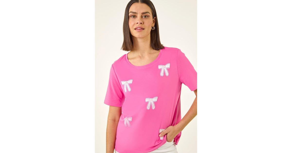 Roman Faux Pearl Embellished Bow T-Shirt in Pink | Lyst UK