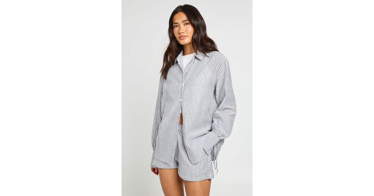 Boohoo Crinkle Stripe Tie Cuff Shirt And Short Co-Ord in Grey | Lyst UK