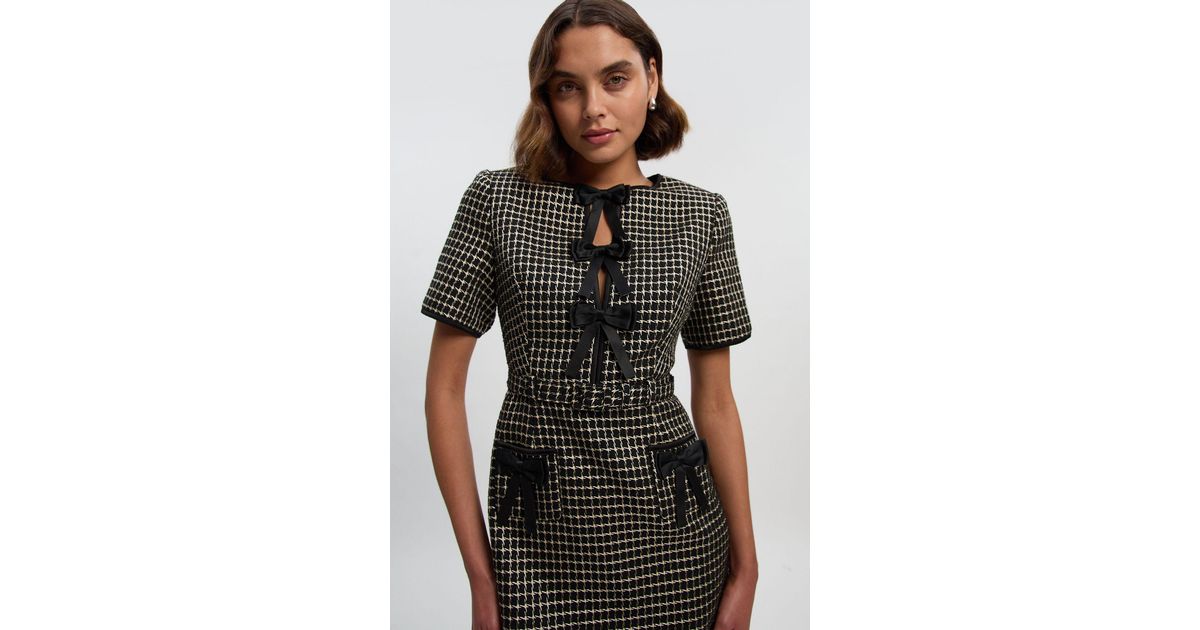 Karen Millen Tailored Tweed Bow Detail Mini Dress in Black | Lyst UK