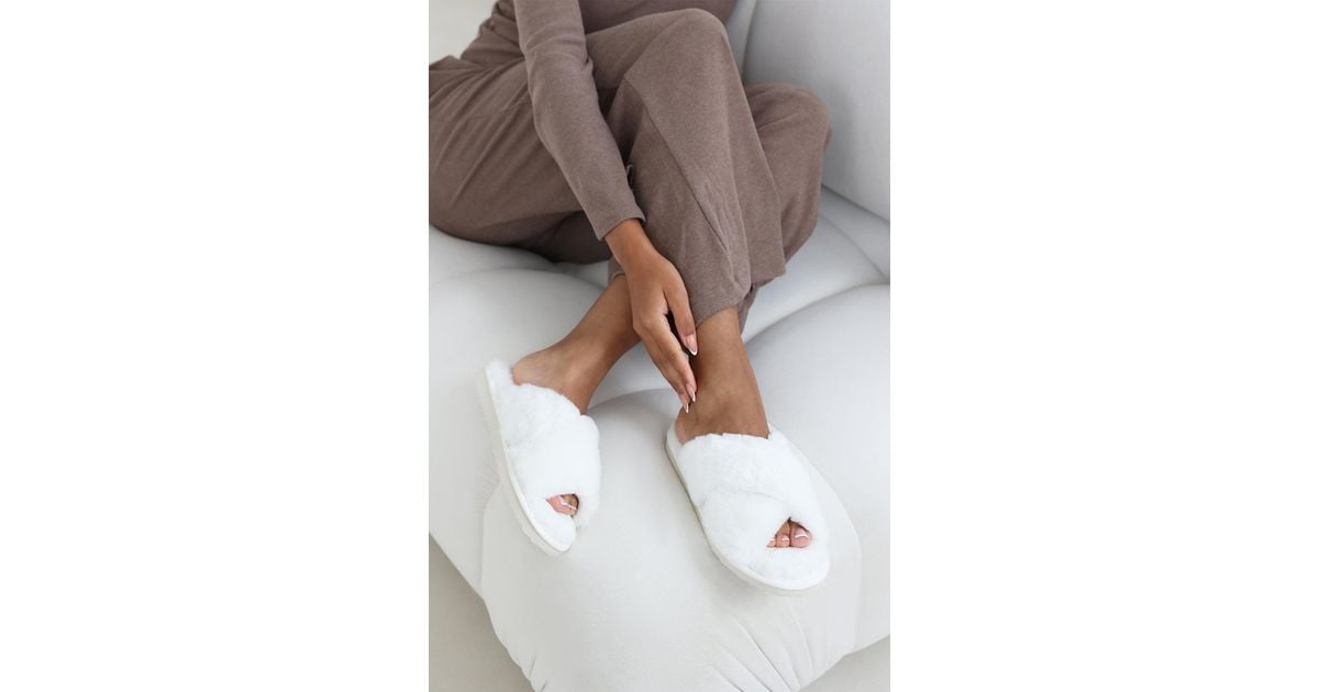 Where's That From Wheres 'Ciara' Faux Fur Cross Over Strap Slippers in ...
