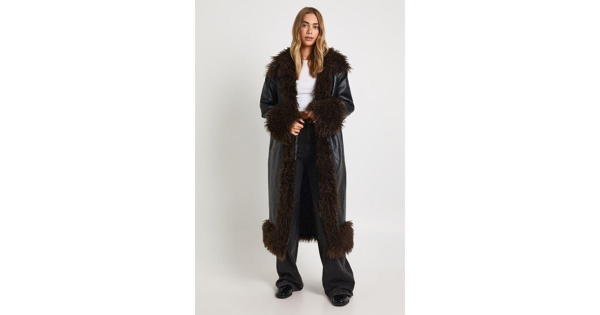 Boohoo Faux Fur Trim Leather Maxi Coat in Black | Lyst UK