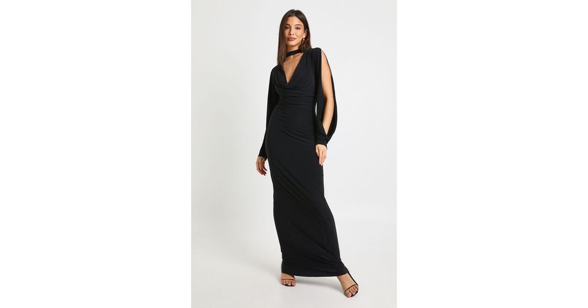 Boohoo Choker Neck Long Sleeve Open Arm Detail Midi Dress in Black ...