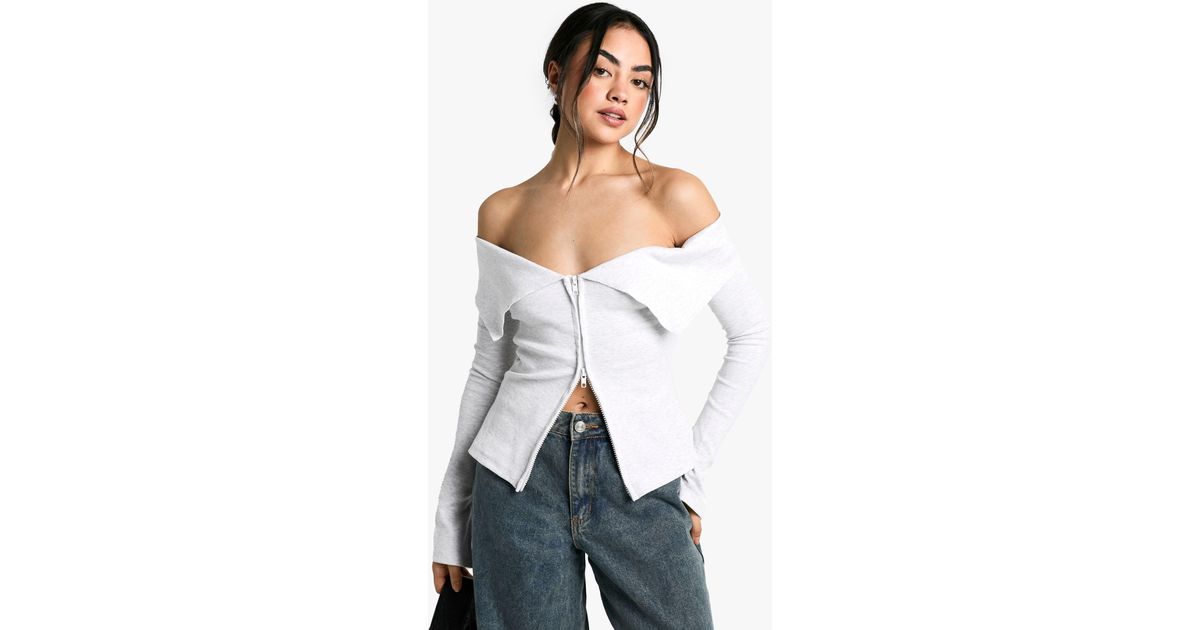 Boohoo Double Zip Bardot Rib Top in White | Lyst UK