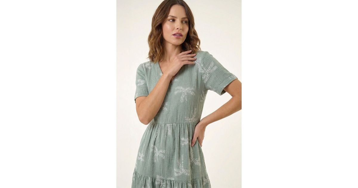 Roman Palm Print Textured Midi Dress in Green | Lyst UK