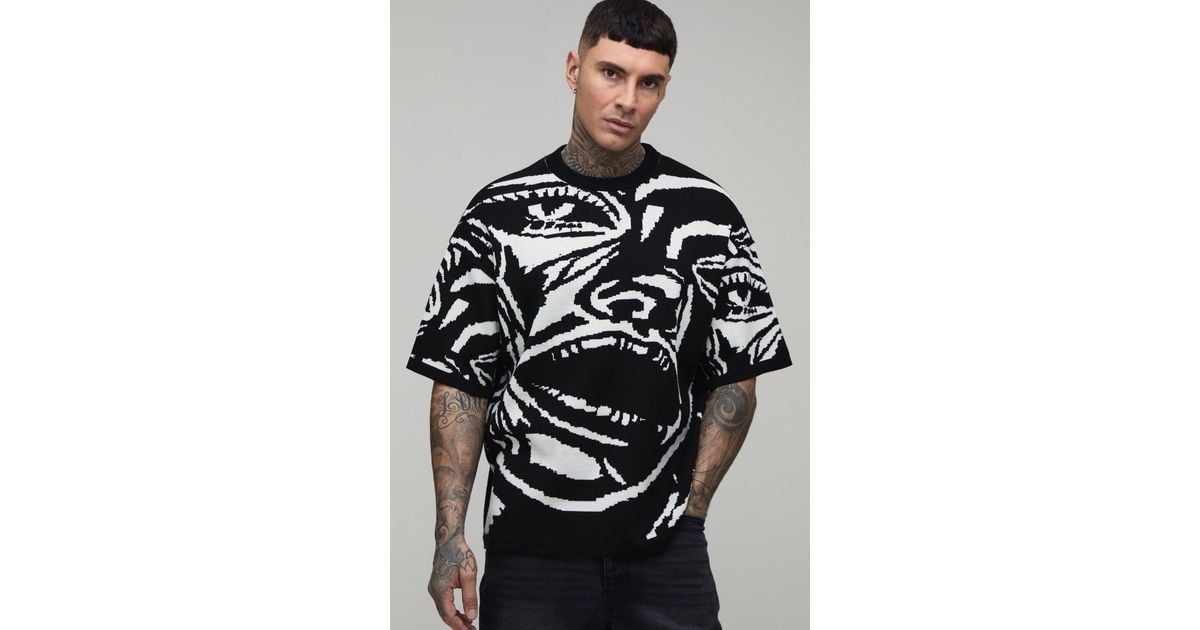 BoohooMAN Tall Oversized Jacquard Abstract Face Knitted T-Shirt in Grey ...
