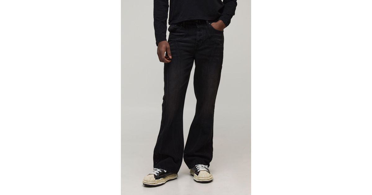 BoohooMAN Straight Flared Washed Western Panel Jeans in Black for Men ...
