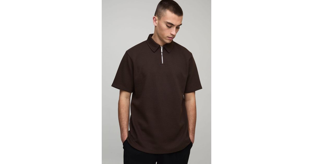 BoohooMAN Regular Fit Heavyweight Textured Herringbone Zip Neck Polo in ...