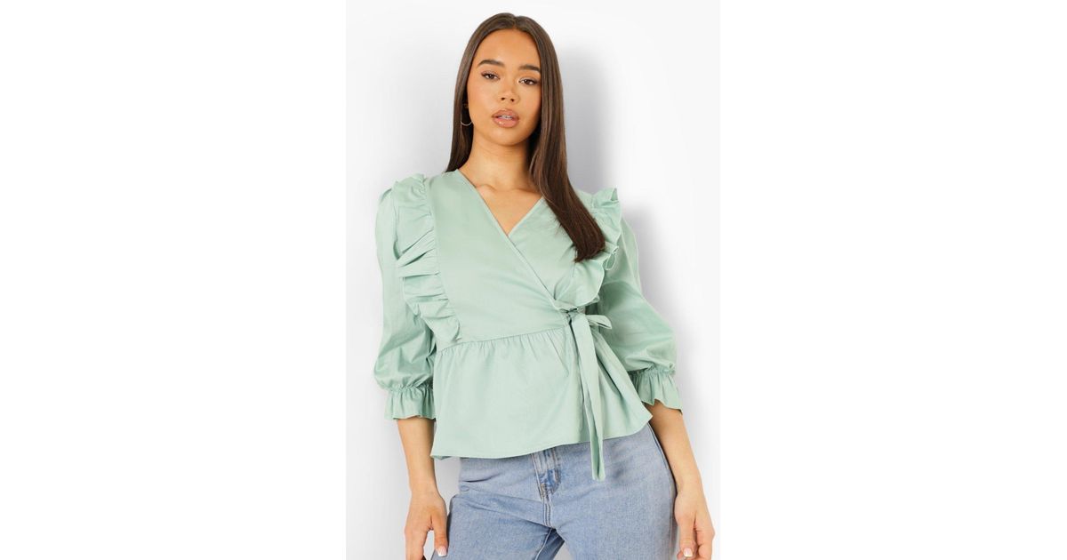 Boohoo Frill Detail Smock Top in Green | Lyst UK