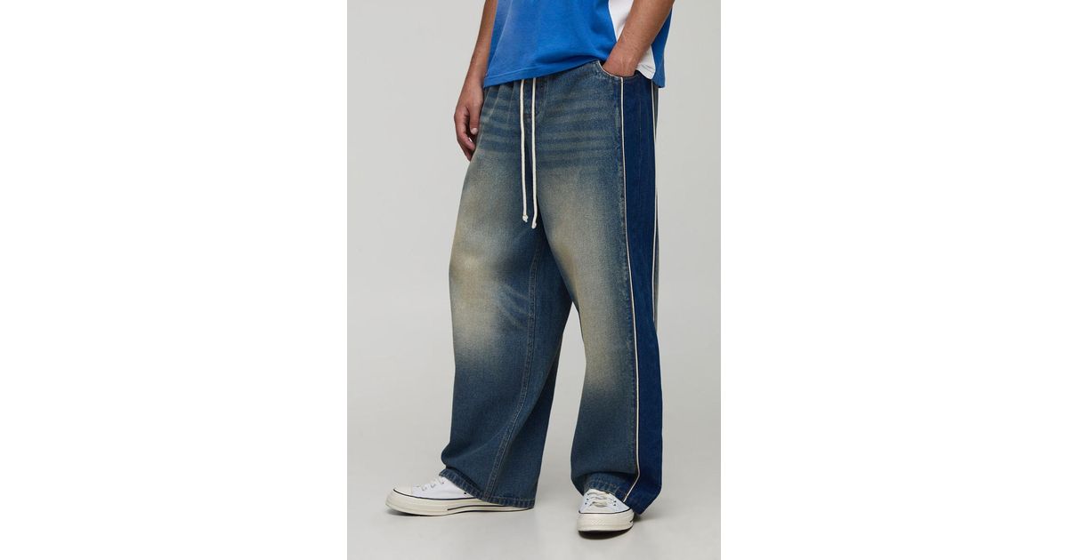 BoohooMAN Elasticated Super Baggy Side Panel Piping Jeans in Blue for ...