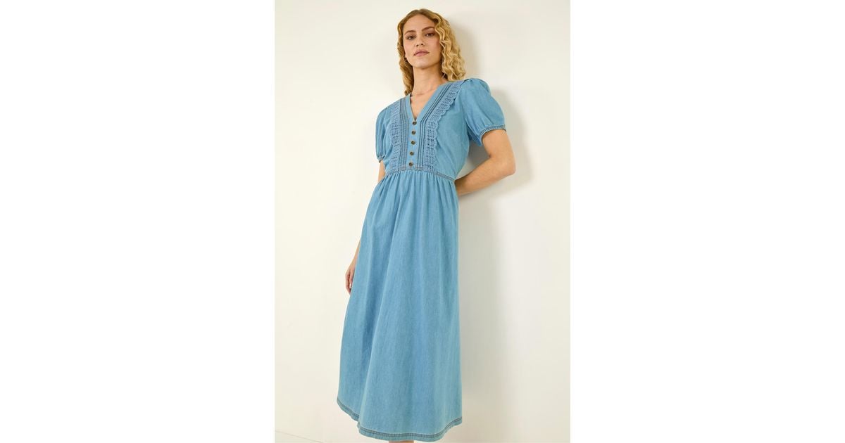 Roman Cotton Crochet Trim Dress in Blue | Lyst UK
