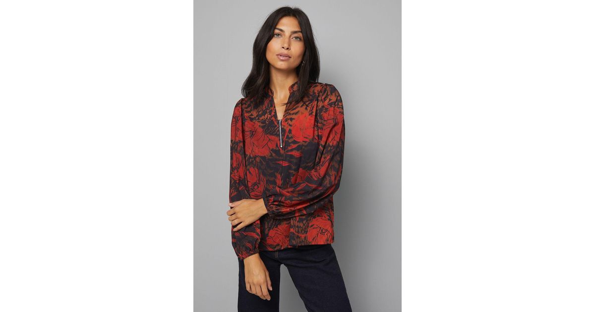 Wallis Floral Collarless Zip Blouse in Red | Lyst UK