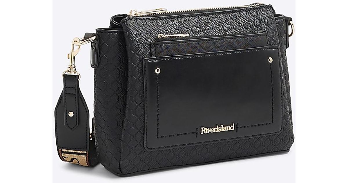 River Island Crossbody Bag Pocket Front Ri Monogram in Black | Lyst UK