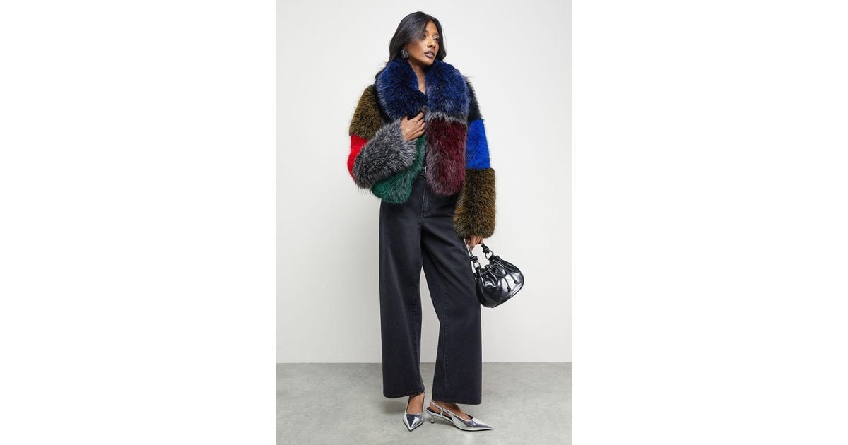 Warehouse Multi -Coloured Panelled Faux Fur Coat in Blue | Lyst UK