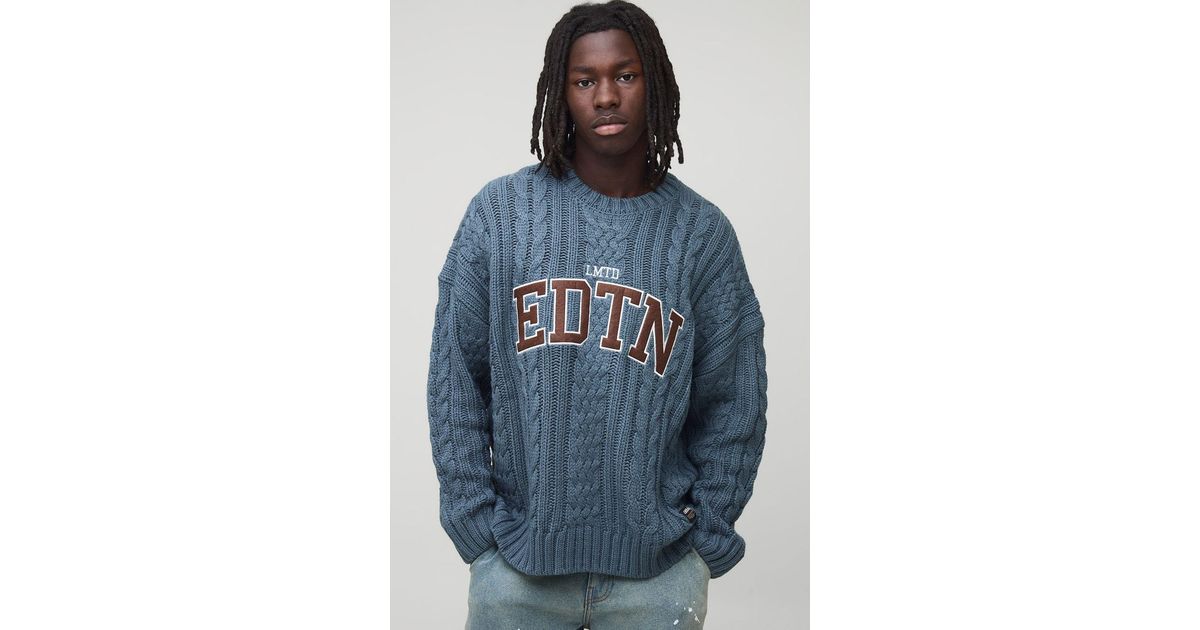 BoohooMAN Oversized Cable Edtn Applique Knitted Sweater in Blue for Men ...