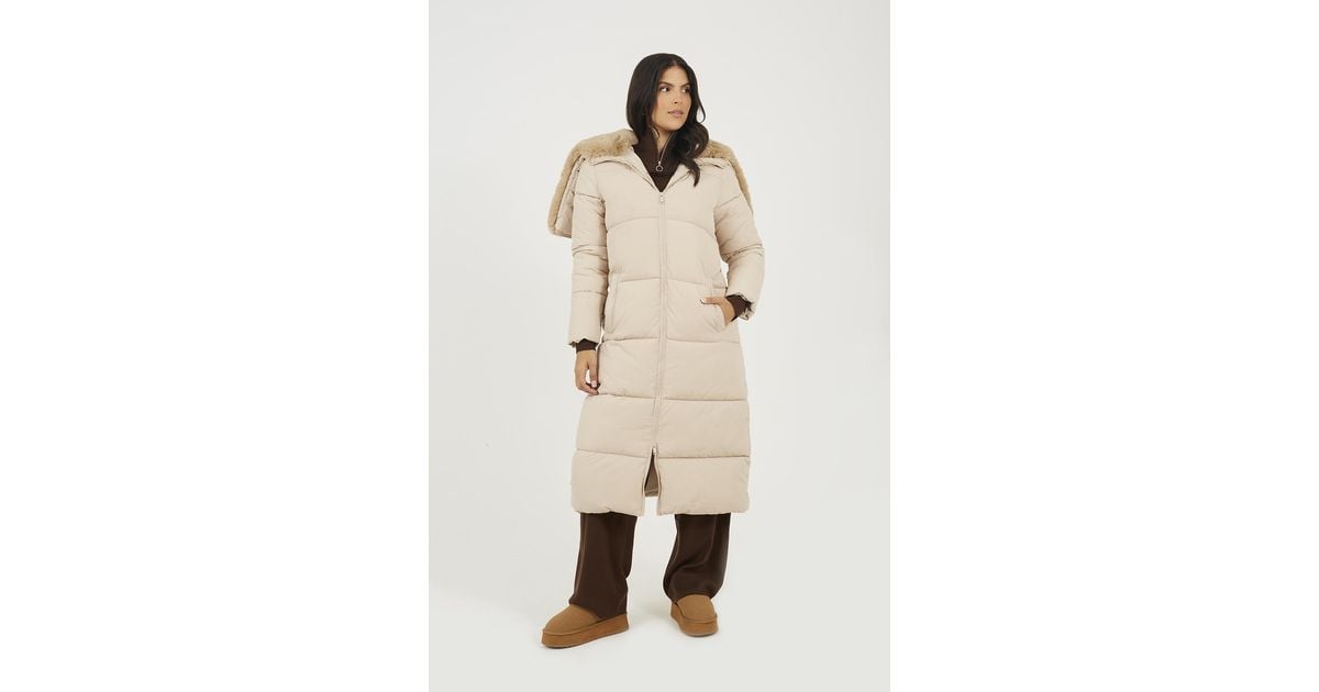 Brave Soul Maxi Padded Jacket With Split Hood in Natural | Lyst UK