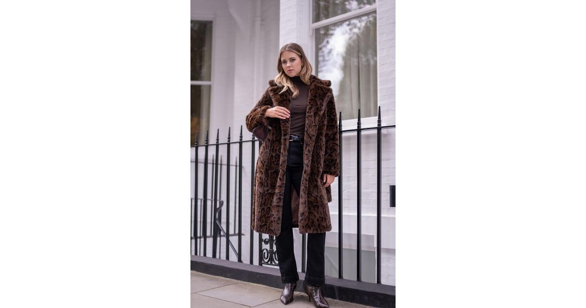Gini London Leopard Print Premium Faux Fur Belted Coat in Brown | Lyst UK