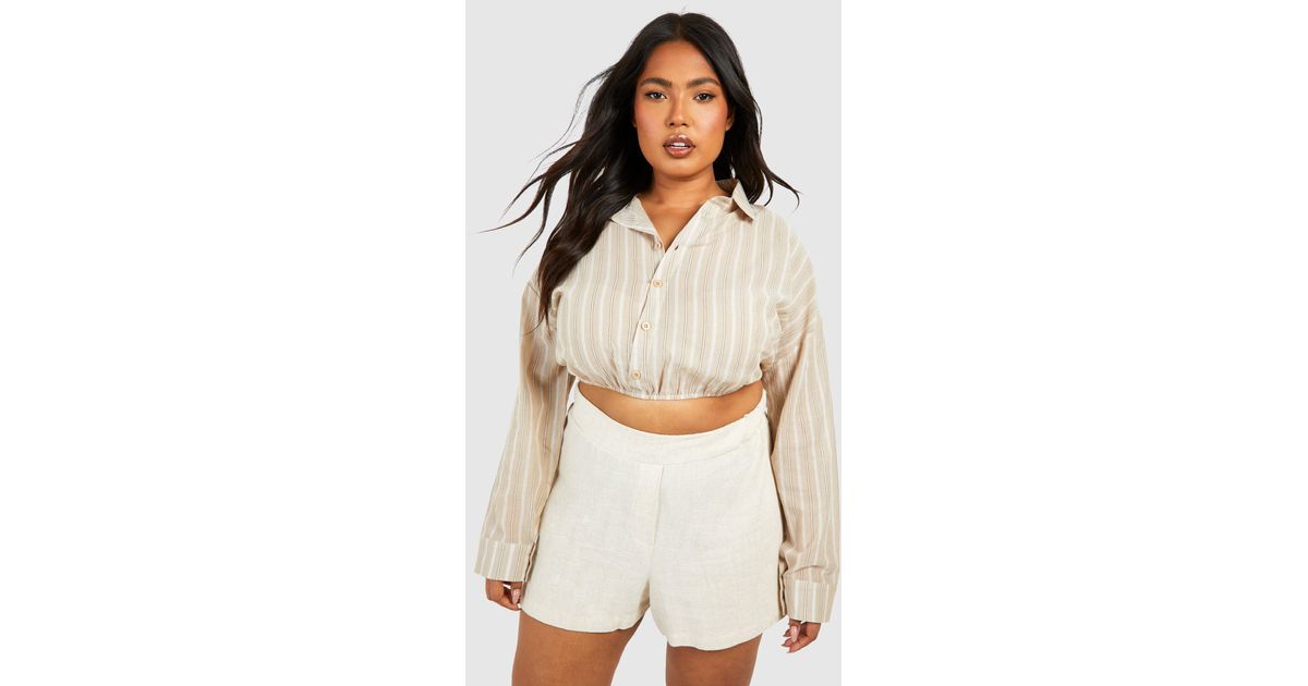 Boohoo Plus Stripe Linen Look Gathered Hem Crop Shirt in White | Lyst UK