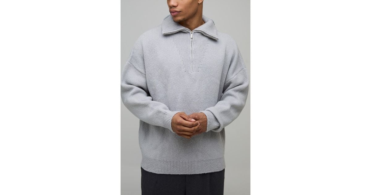BoohooMAN Relaxed Boxy Funnel Knitted Jumper in Grey for Men | Lyst UK