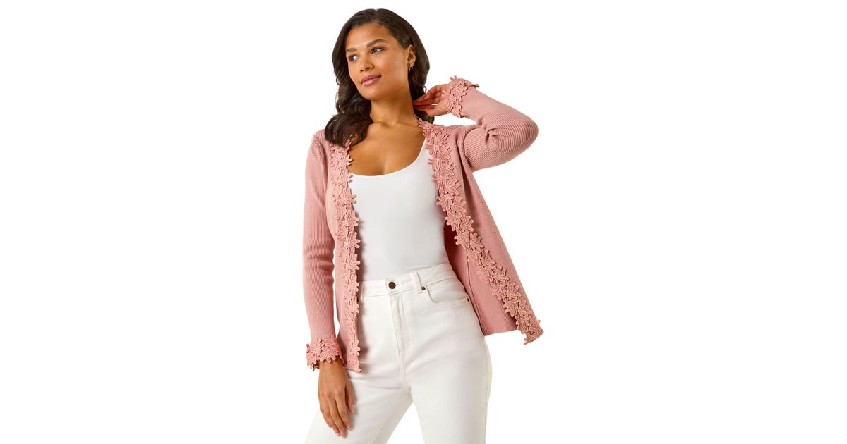 Roman Lace Trim Knit Cardigan in White | Lyst UK
