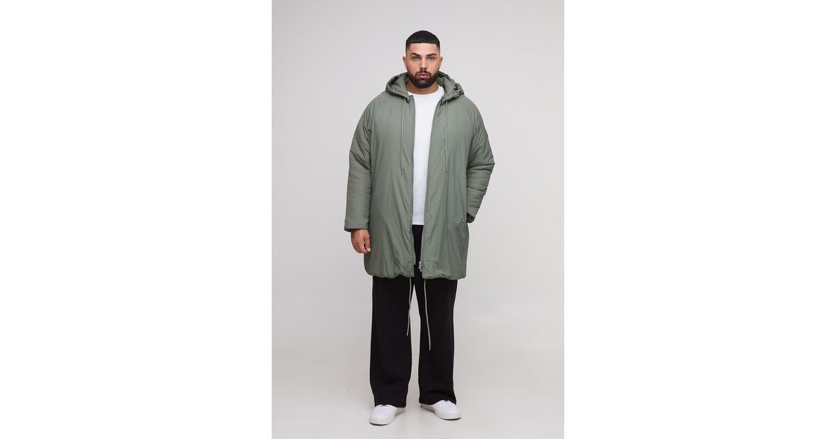 BoohooMAN Plus Regular Fit Longline Hooded Zip Up Padded Parka in Green ...
