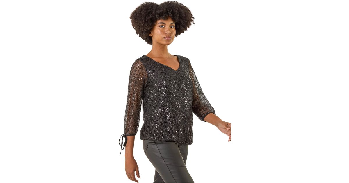 Roman Sequin Mesh Blouson Top in Grey | Lyst UK