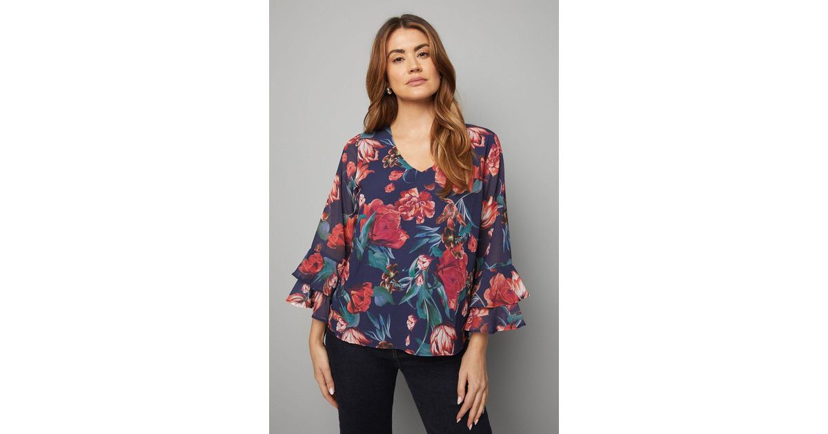 Wallis Floral Print Flute Sleeve Top in Blue | Lyst UK