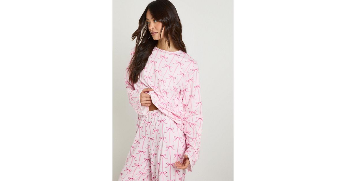 Boohoo Tall Bow Print Long Sleeve Top & Trousers Pyjama Set in Pink ...