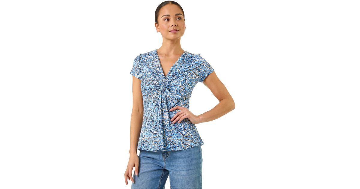 Roman Petite Abstract Twist Front Stretch Top in Blue | Lyst UK