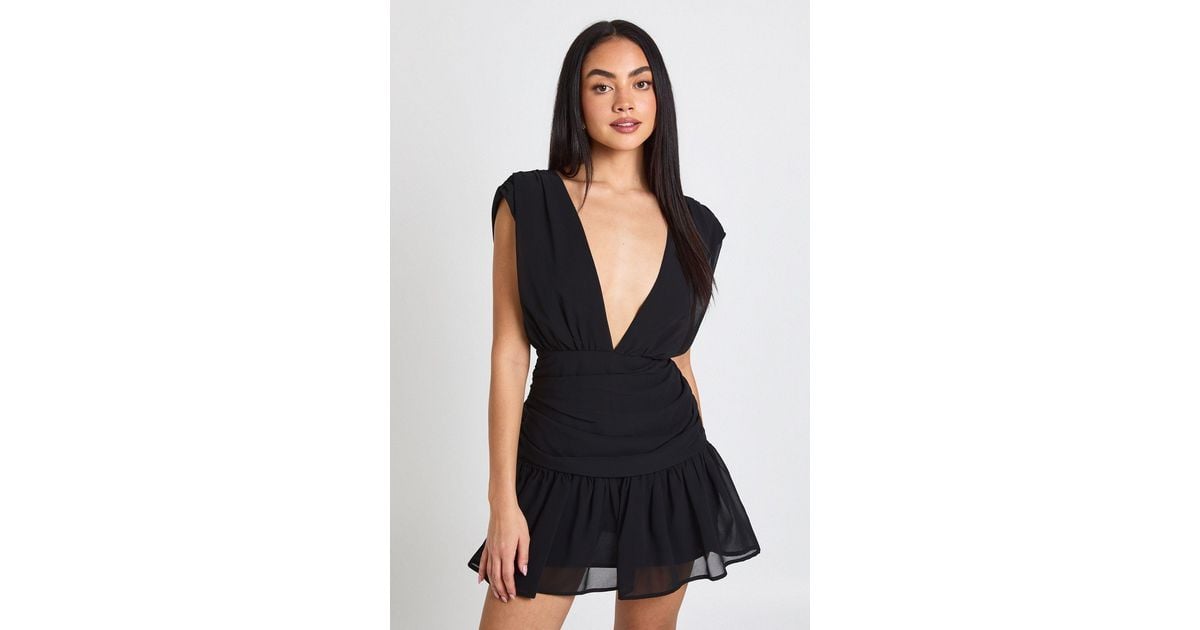 Boohoo Chiffon Ruched Detail Plunge Front Mini Dress in Black | Lyst UK