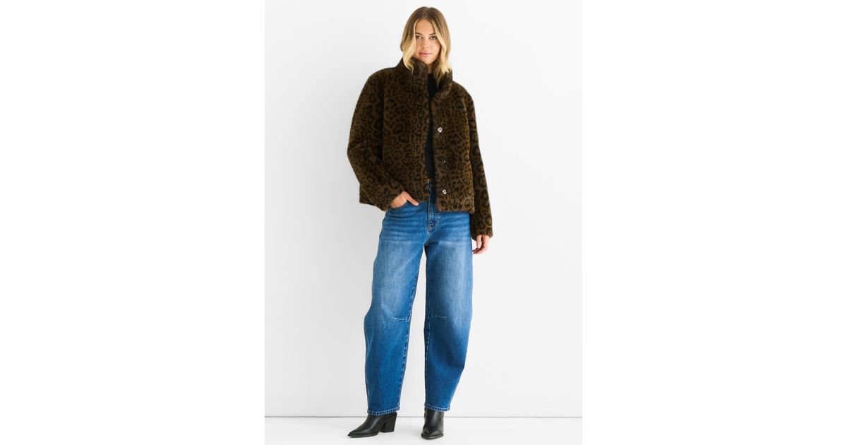 Gini London Funnel Neck Leopard Print Faux Fur Jacket in Blue | Lyst UK